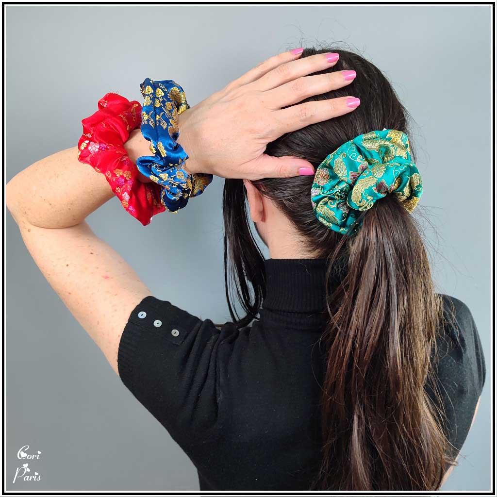 Satin scrunchies pack with Asian flowers in red, blue and green • Cori ...